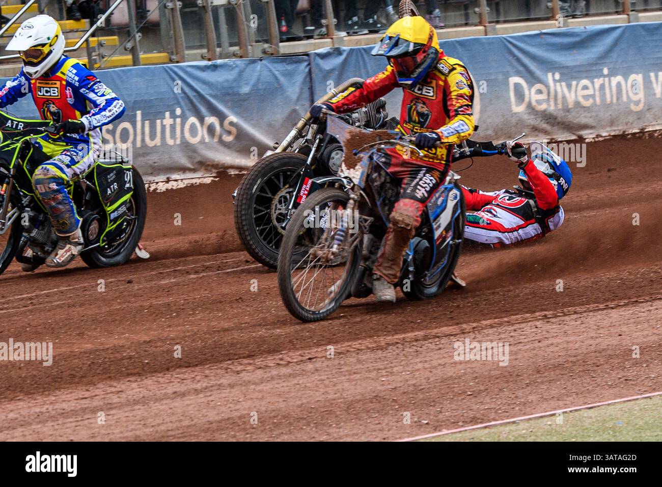 Belle Vue Colts' Billy Budd rears at the start between Leicester Lion ...