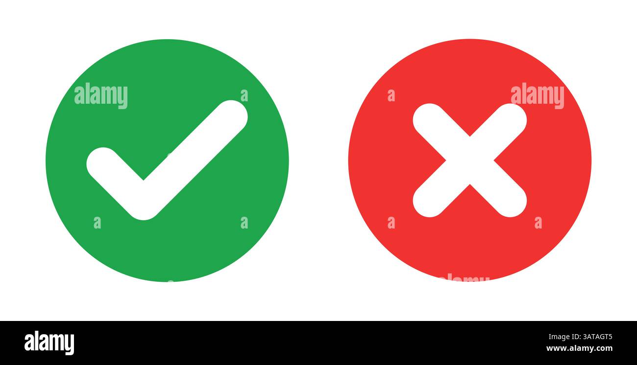 Green checkmark and red cross on isolated white background vector symbol for right and wrong ...