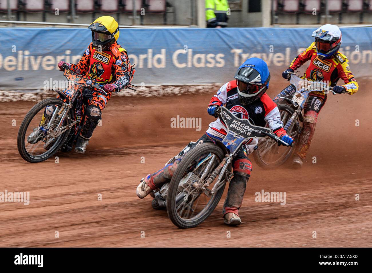 Belle Vue Colts' Harry Fletcher in Blue leading Leicester Lion Cubs ...