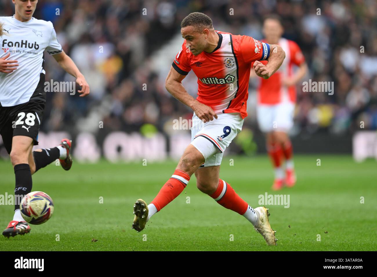 Carlton Morris of Luton Town shoots at goal during the Sky Bet ...