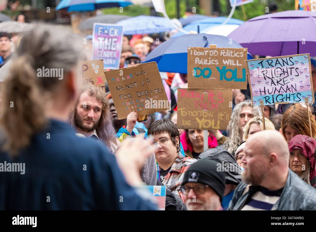 Trans rights protest Manchester UK. Protesters gathered in St Peters ...