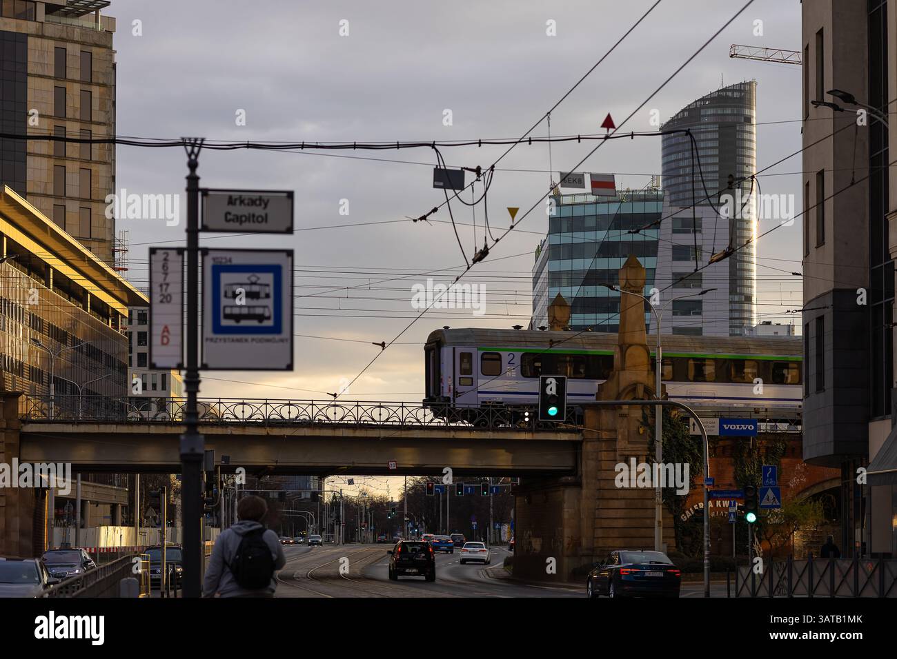 Modern glass skyscrapers and historic railway bridge in downtown ...