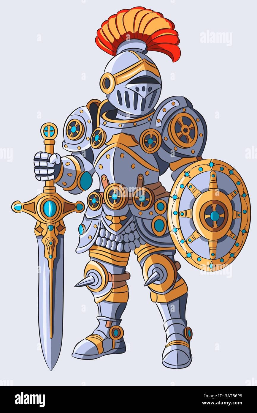 Vector illustration of a cartoon knight in armor with a sword and ...