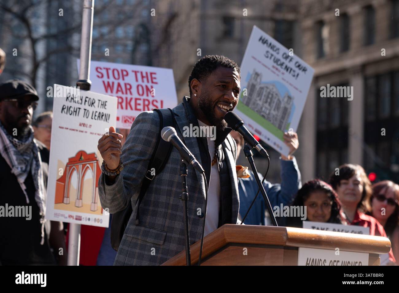 New York, USA. 17th Apr, 2025. New York City Public Advocate Jumaane Williams speaks. Students ...