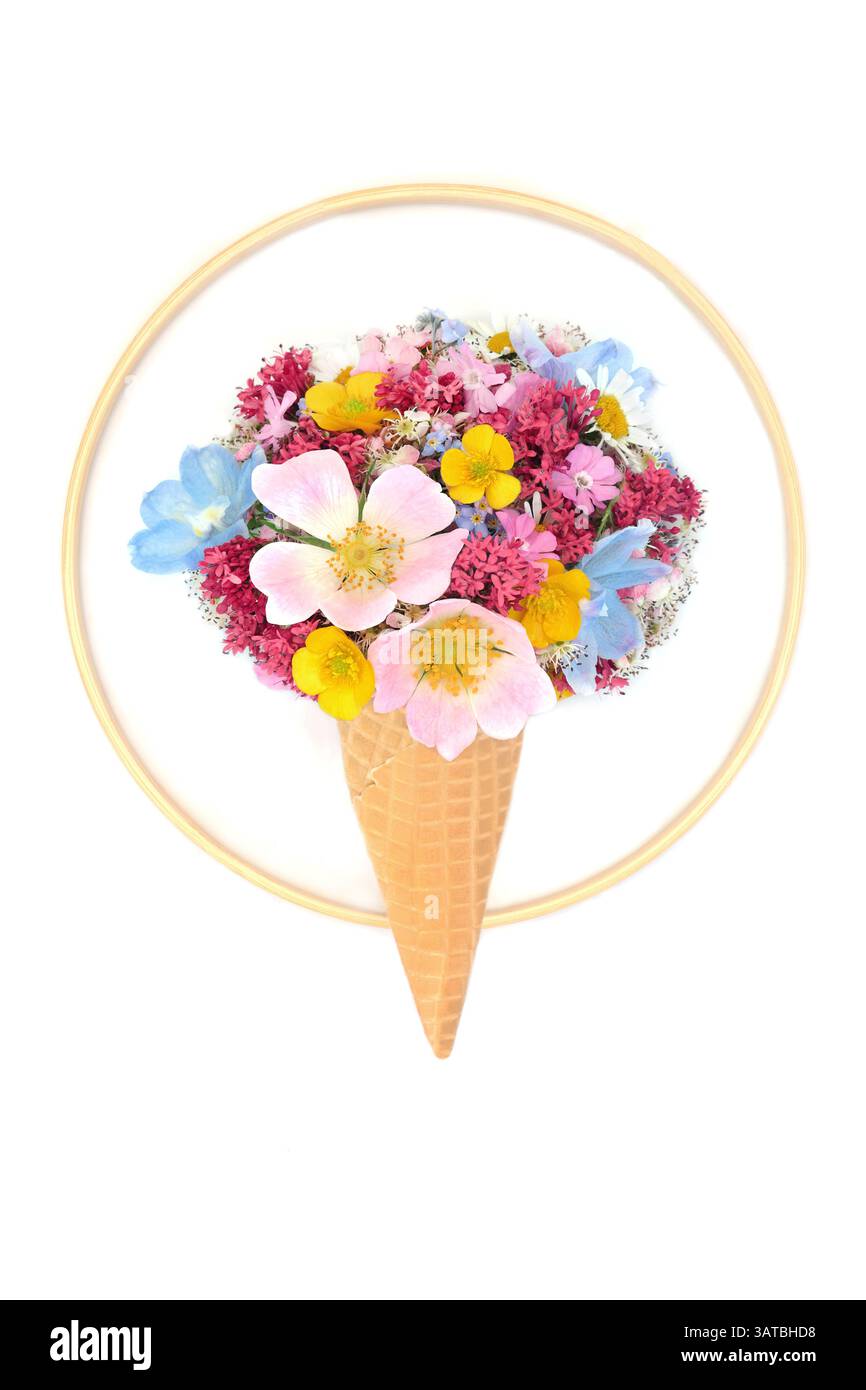 Whimsical ice cream of summer flower and blossom on white background on ...