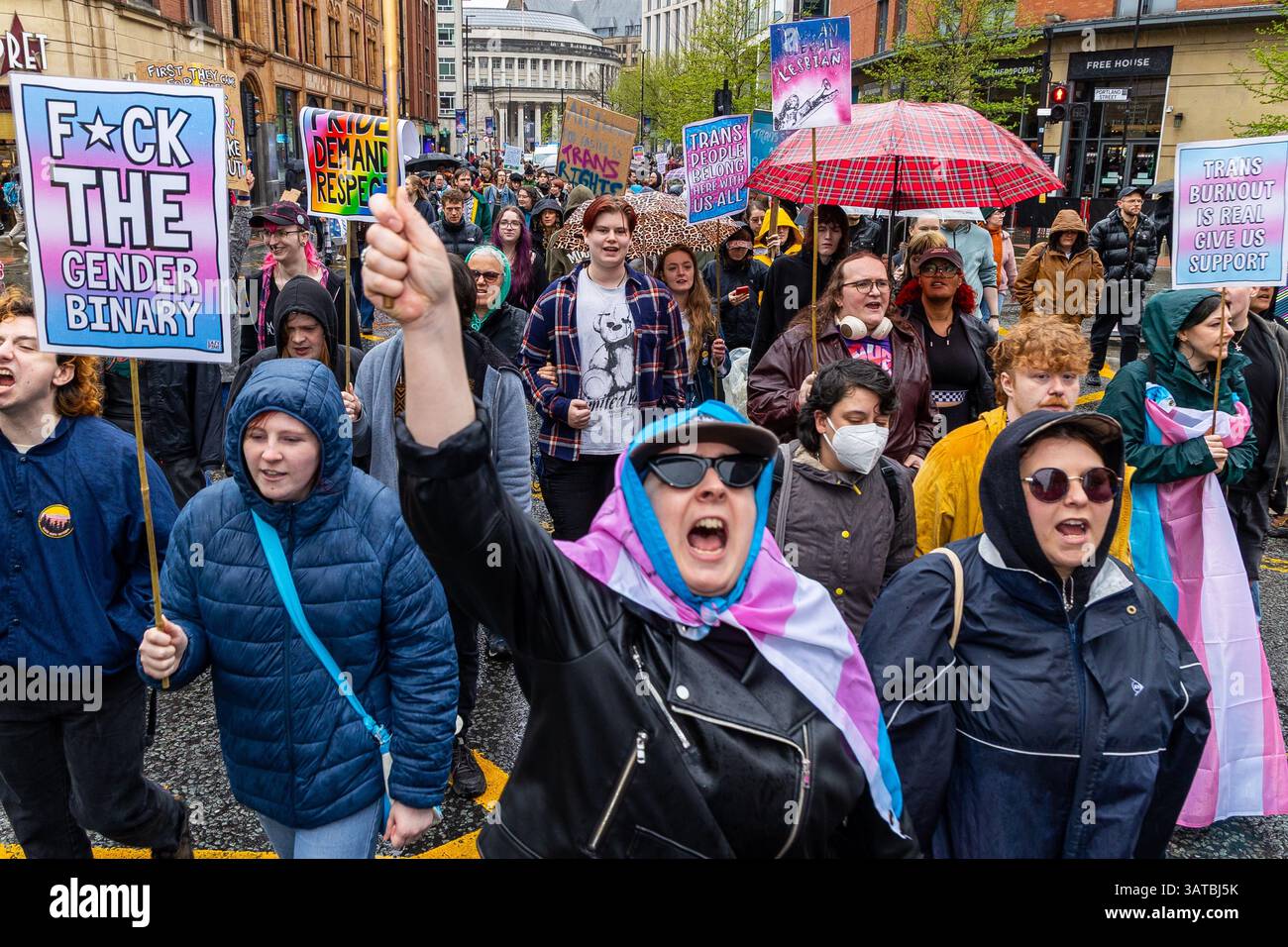 Manchester, UK. 18th Apr, 2025. Protest held in support of Trans Rights ...