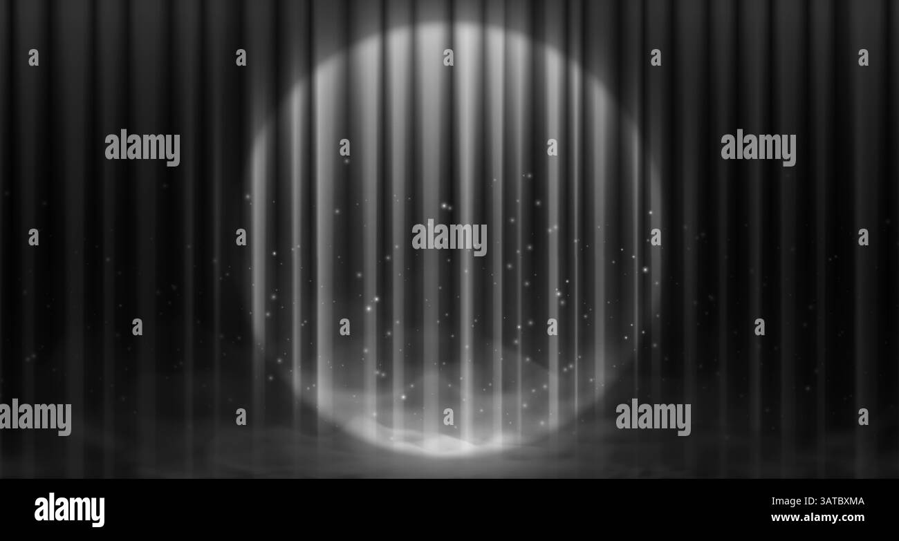 Retro black stage curtain with spotlight, sparkles, fog and smoke ...