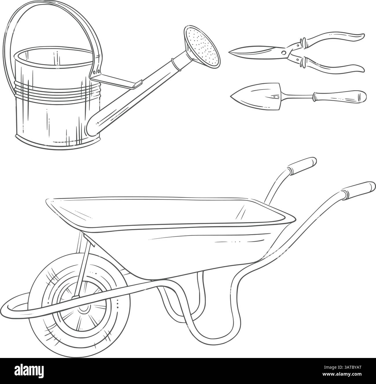 Wheelbarrow, watering can, pruning shears and garden trowel. Gardening ...
