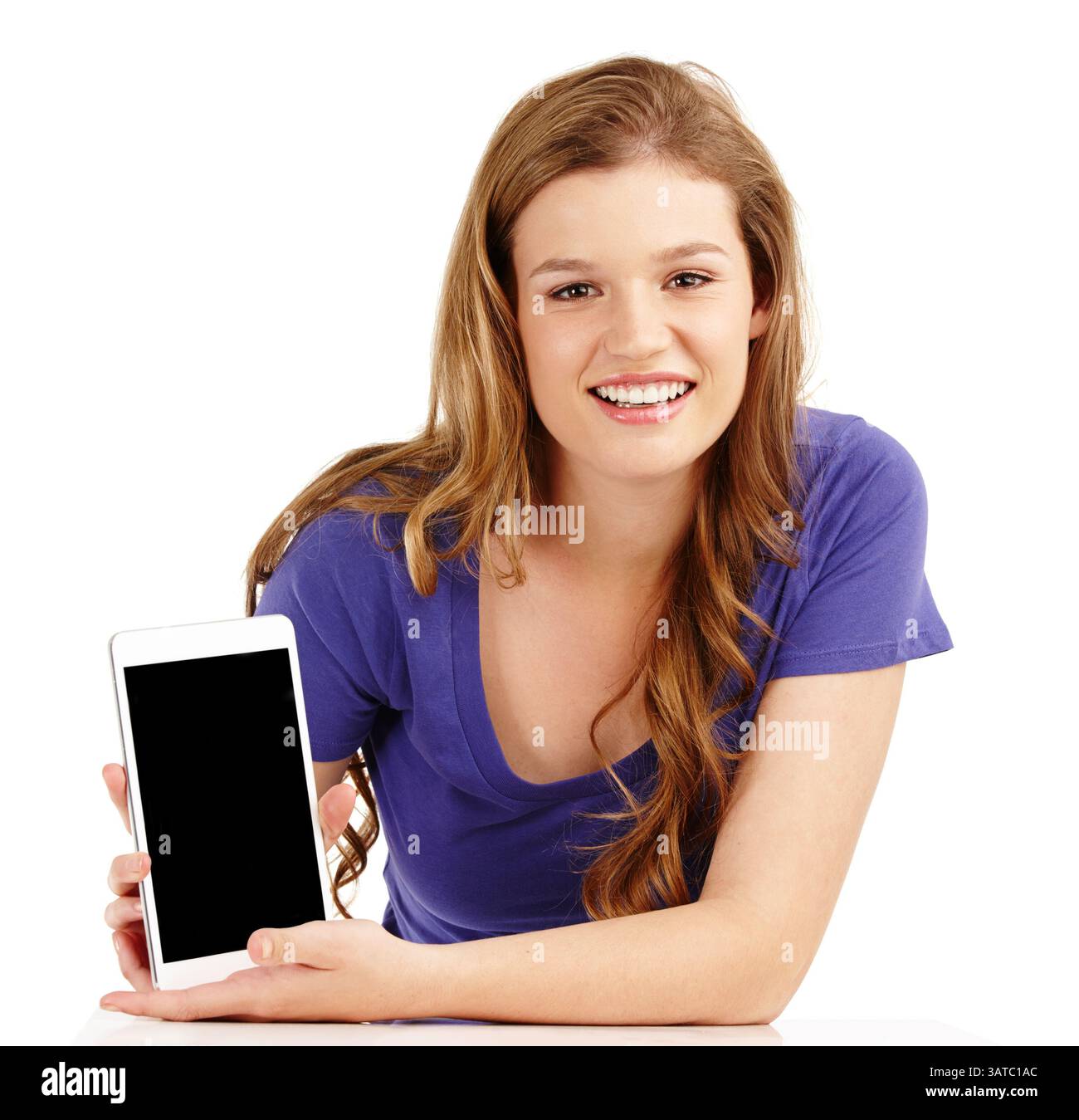 Tablet screen, portrait and woman with mockup in studio for ...
