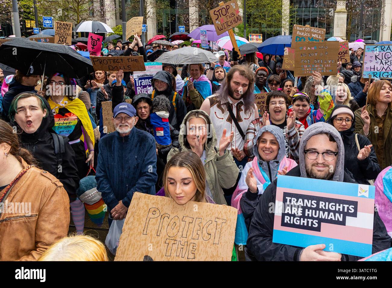 Manchester, UK. 18th Apr, 2025. Protest held in support of Trans Rights ...