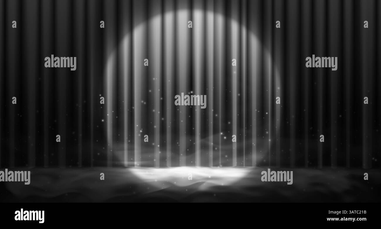 Vintage elegant black stage curtain with spotlight beam, smoke and fog ...