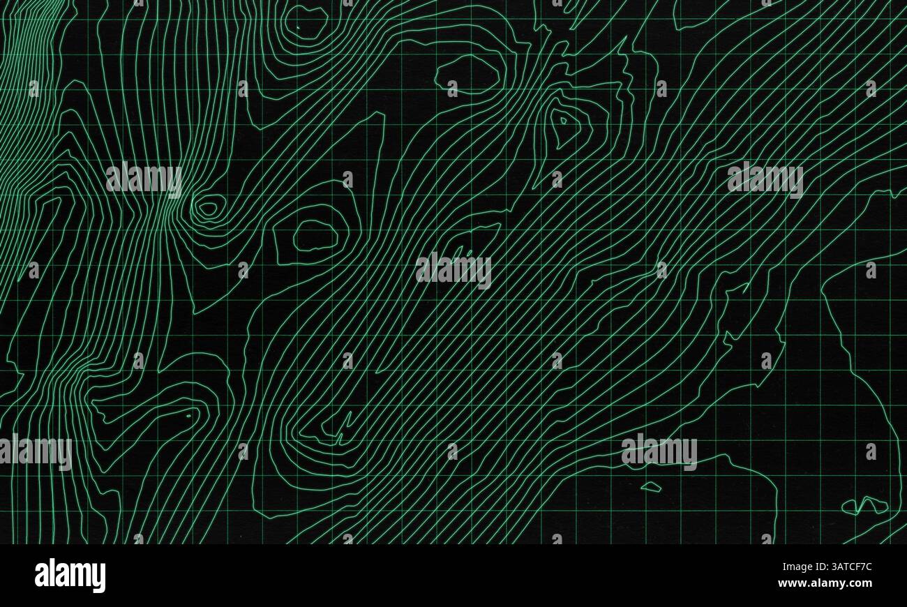 Intricate green map contour lines and grid overlay showcase an abstract presentation resembling ...