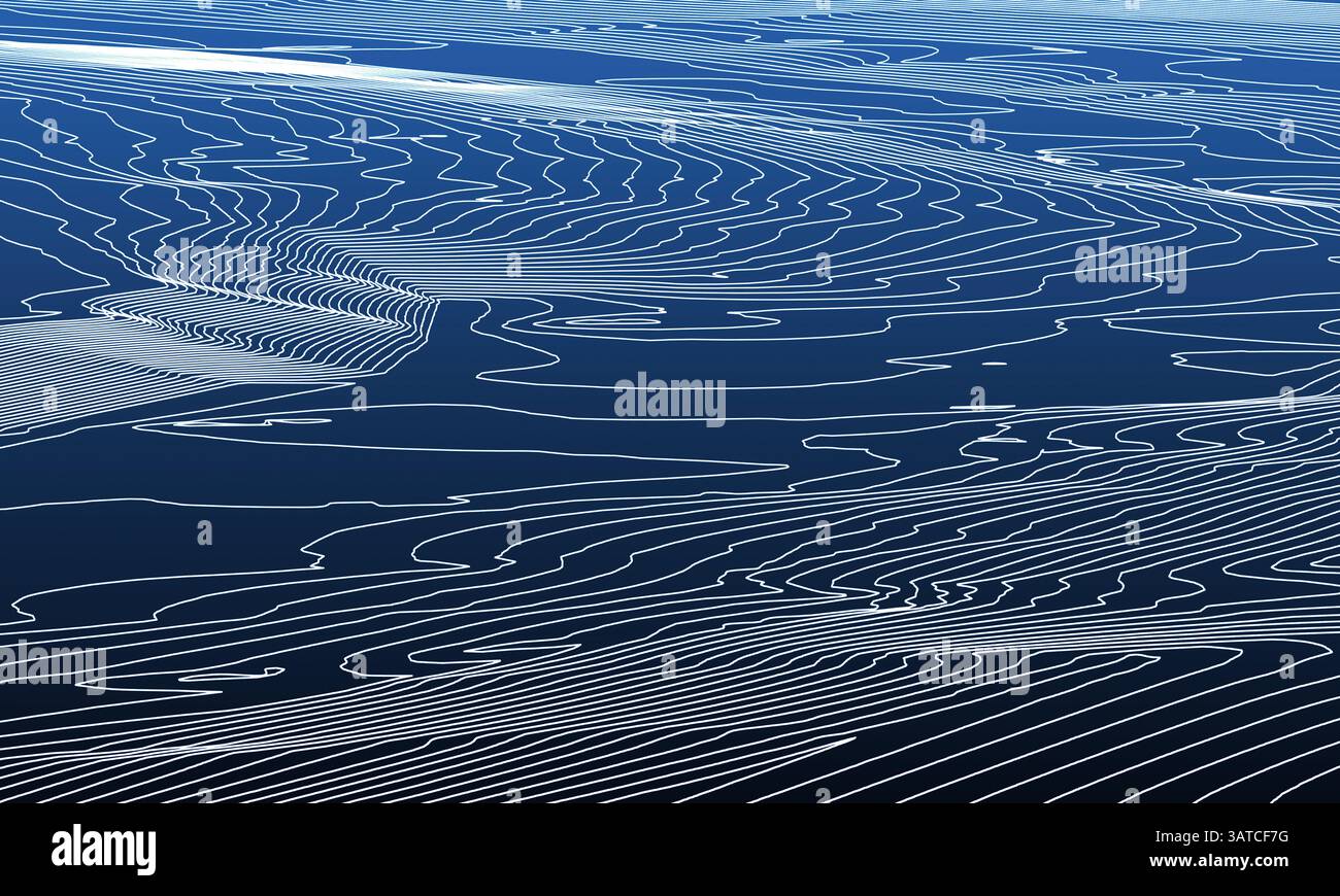 Abstract white lines on a blue background depicting a topographic map or flowing data visual. 3d ...