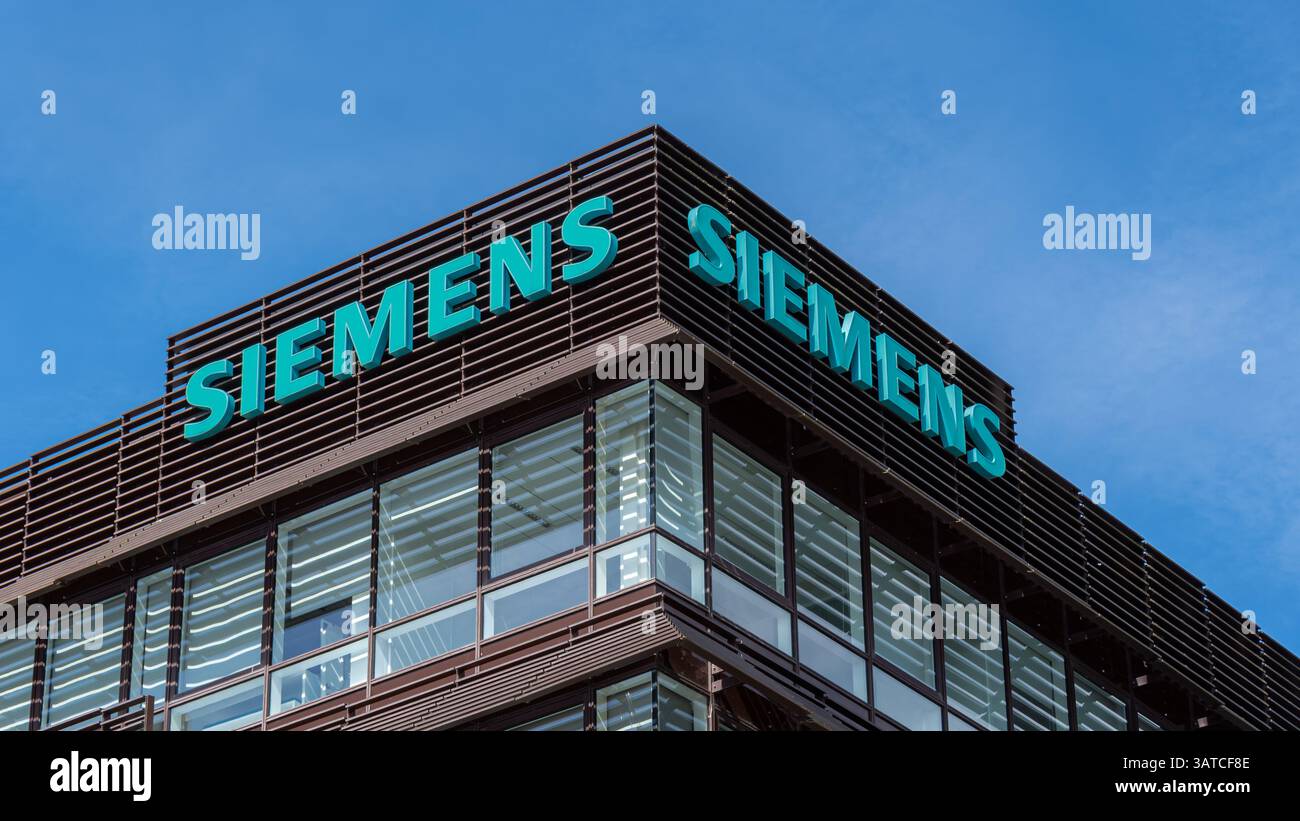 Facade of a Siemens building. Siemens is a German conglomerate active ...