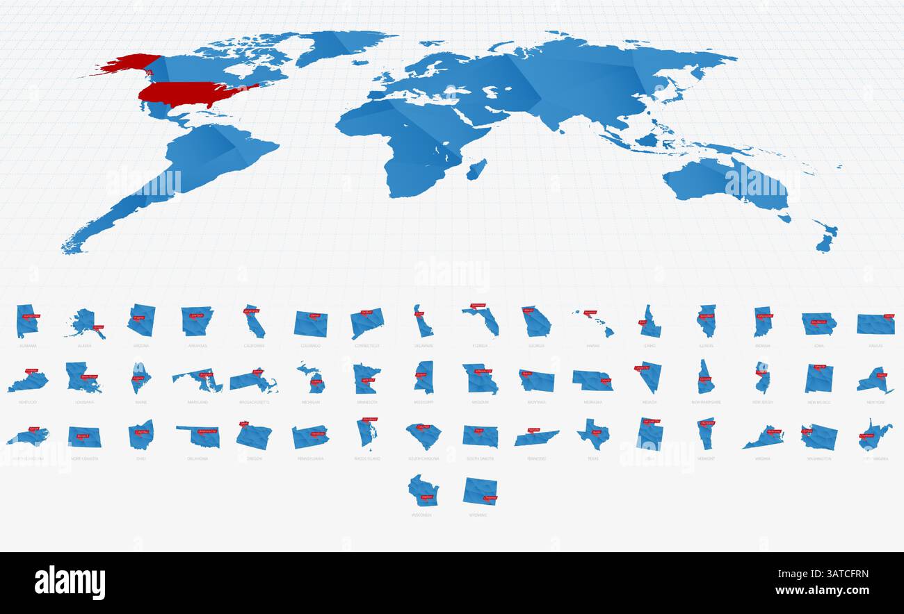 Low Poly Blue Gradient Maps of US State with Capital City Signs. Maps ...