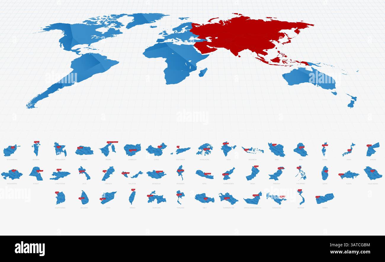 Low Poly Blue Gradient Maps of Asia with Capital City Signs. Maps ...