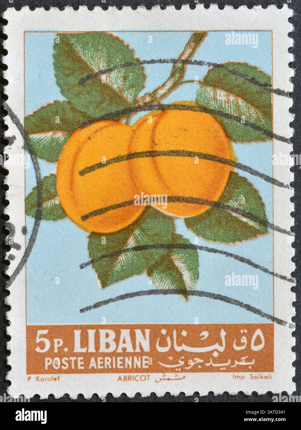 Cancelled postage stamp printed by Lebanon, that shows Apricots, circa ...