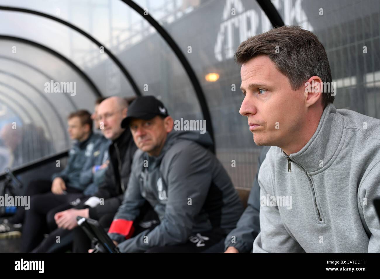 Club's head coach Mitch Delcour is pictured before a soccer game ...