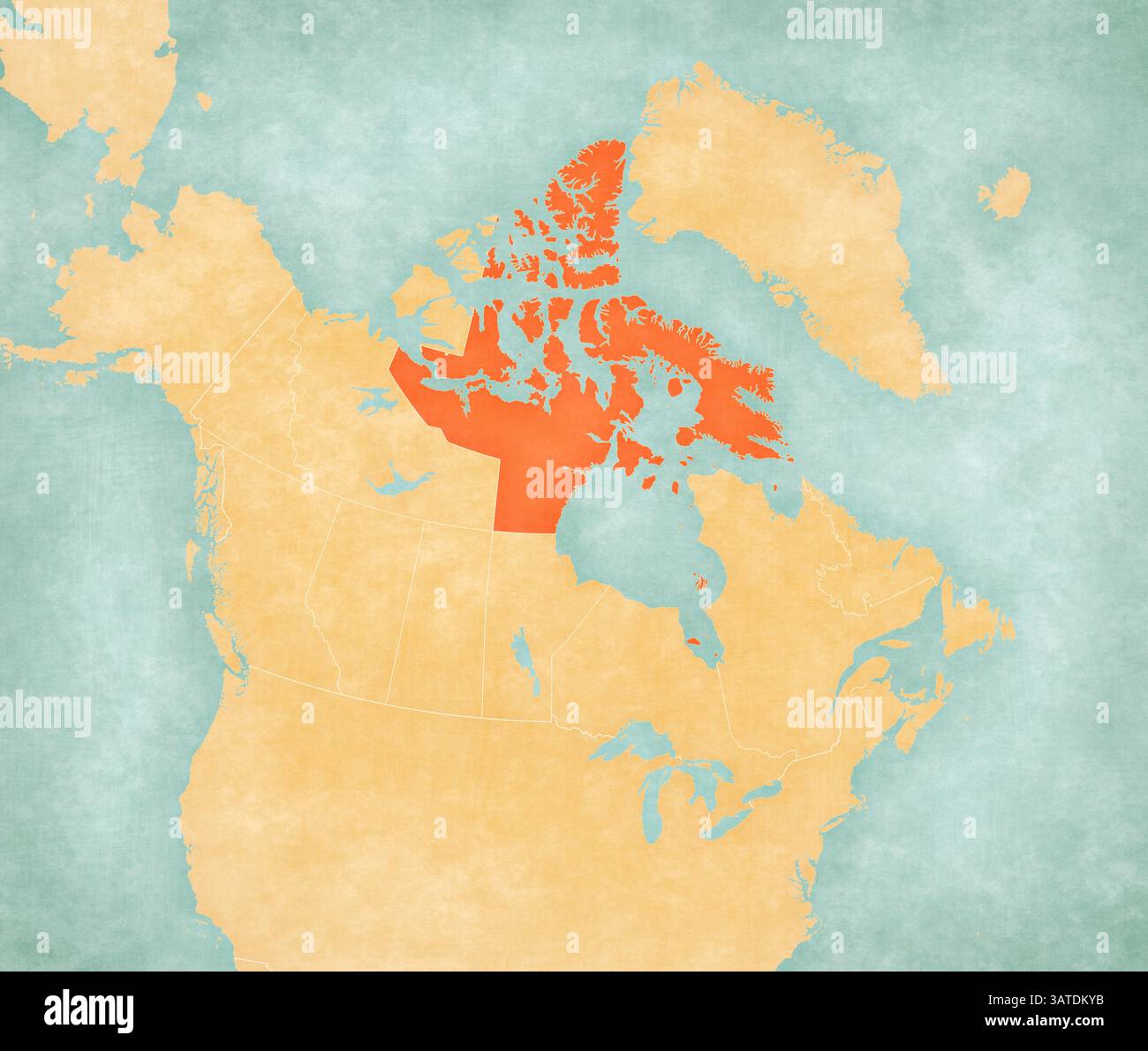 Nunavut on the map of Canada in soft grunge and vintage style, like old ...