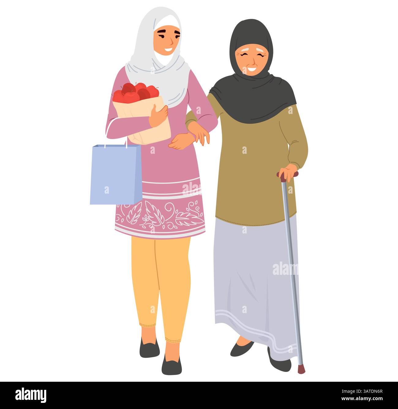 Two women are enjoying a shopping trip. One carries a bag of groceries ...