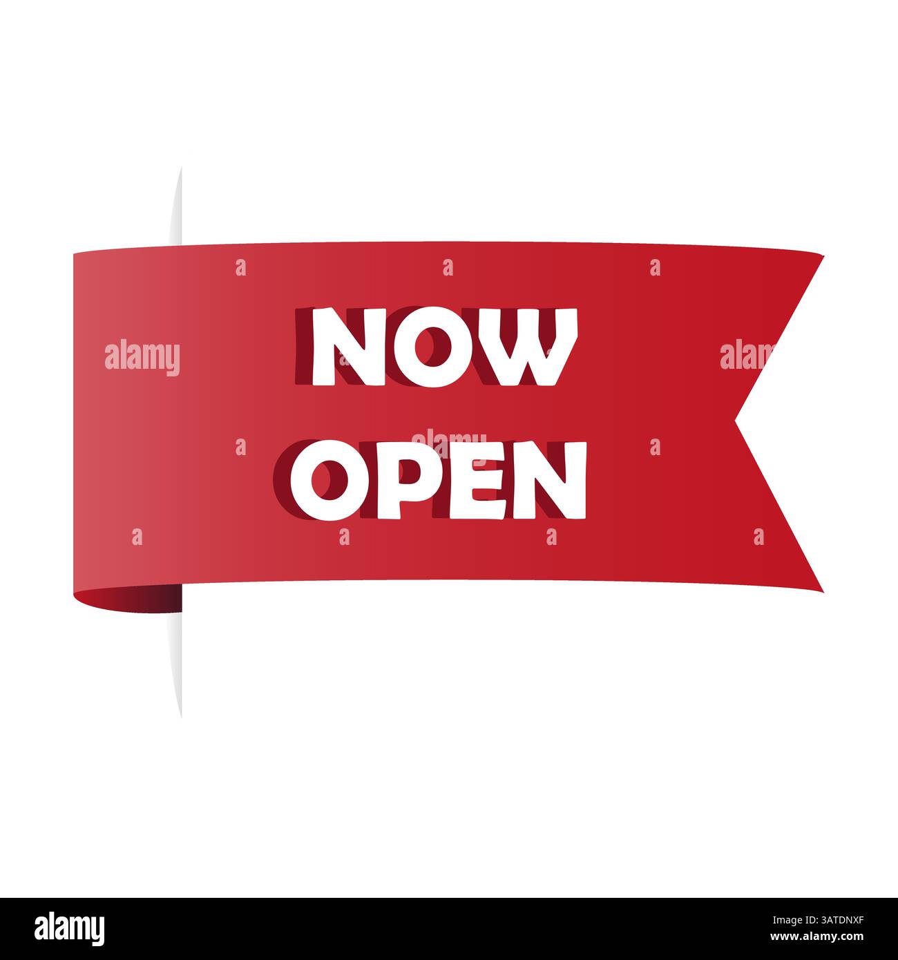 Now open banner. Grand opening ribbon. Vector announcement label. Red ...