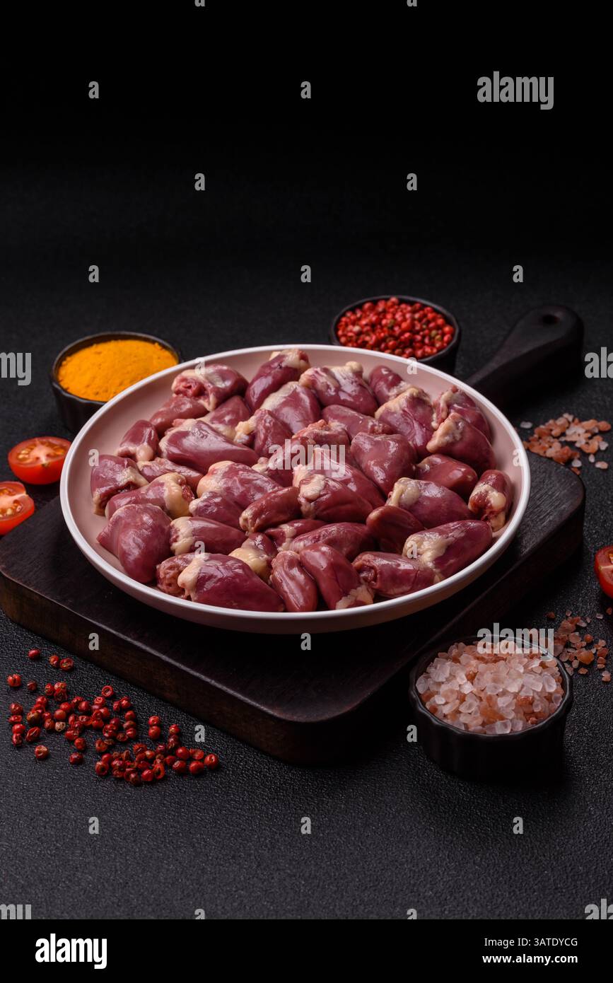 Chicken raw heart, red duck or turkey internal organs as an ingredient ...