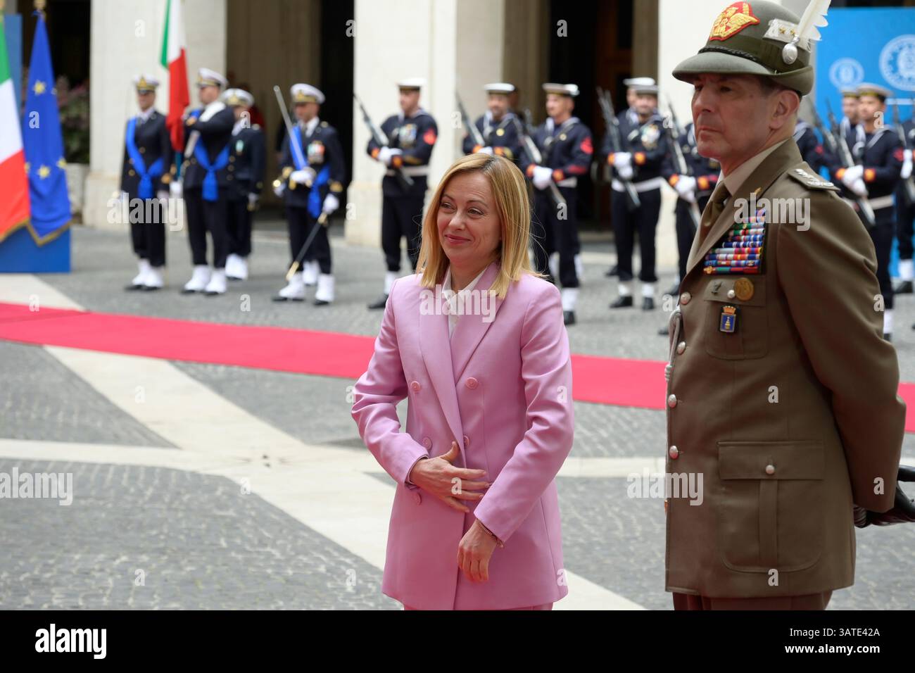 Rome, Italy. 18th Apr, 2025. Italian Prime Minister Giorgia Meloni (l ...
