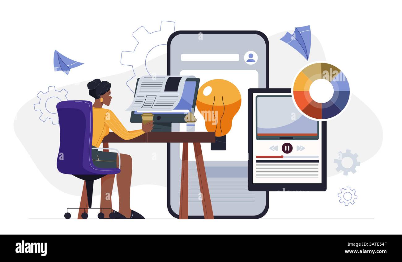 Digital content creation workspace scene. Vector illustration Stock ...