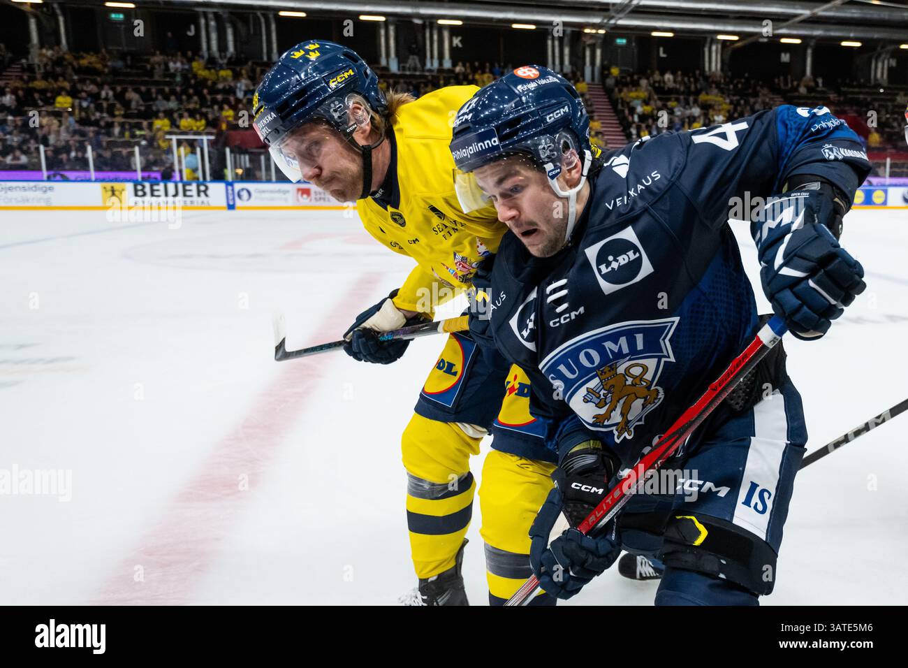 Linus Sandin of, Sweden. , . and Eemil Erholtz of Finland during the ...