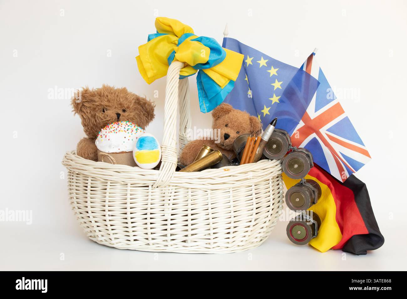 Easter basket with bears and flags of Germany and Ukraine, the European ...