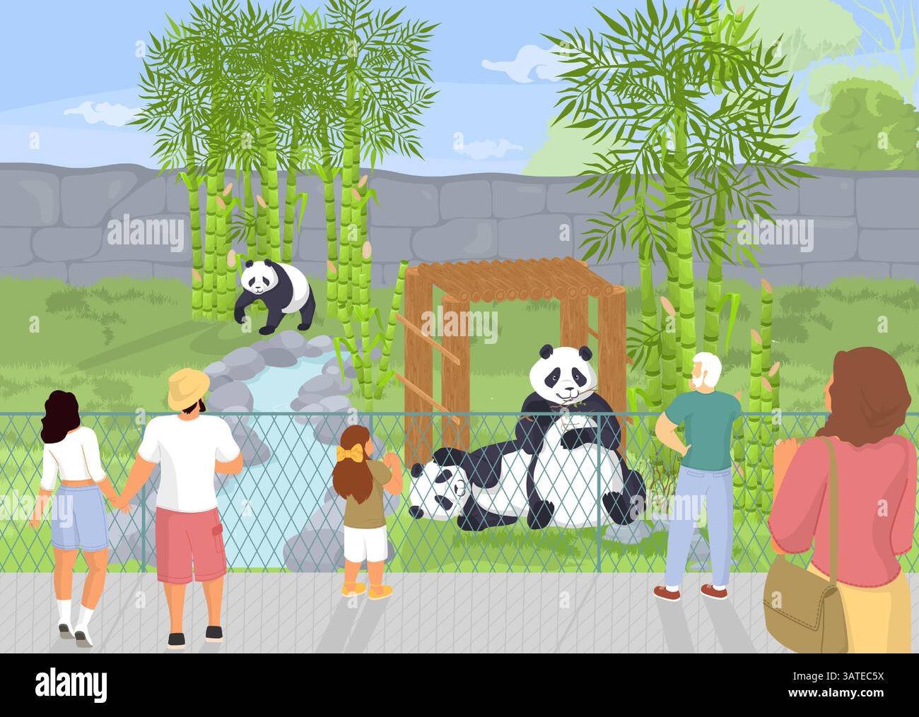 Visitors gather by a fence to observe playful pandas in a green bamboo ...