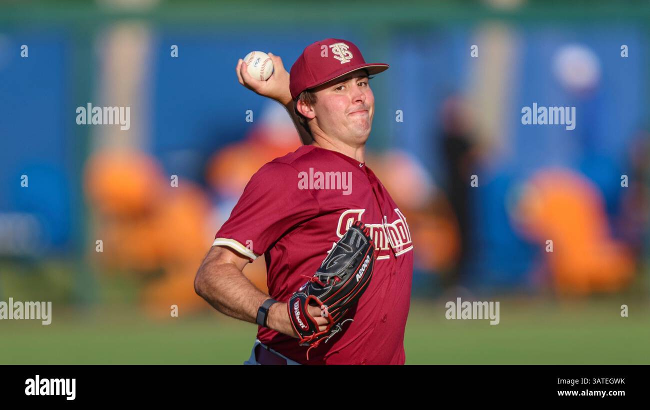 Florida State pitcher Jacob Marlowe (28) warms up before an NCAA ...