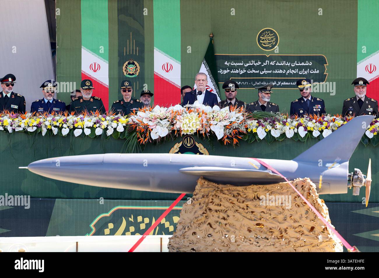 Tehran, Iran. 18th Apr, 2025. Iranian president MASOUD PEZESHKIAN (C ...