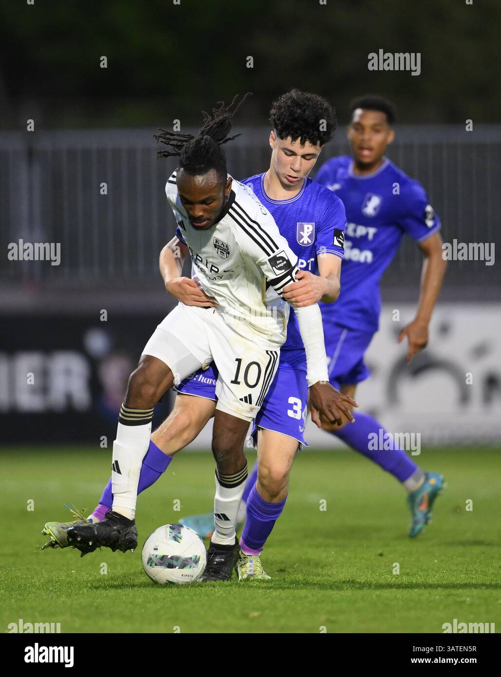 Maasmechelen, Belgium. 18th Apr, 2025. Eupen's Regan Evans Charles-Cook ...