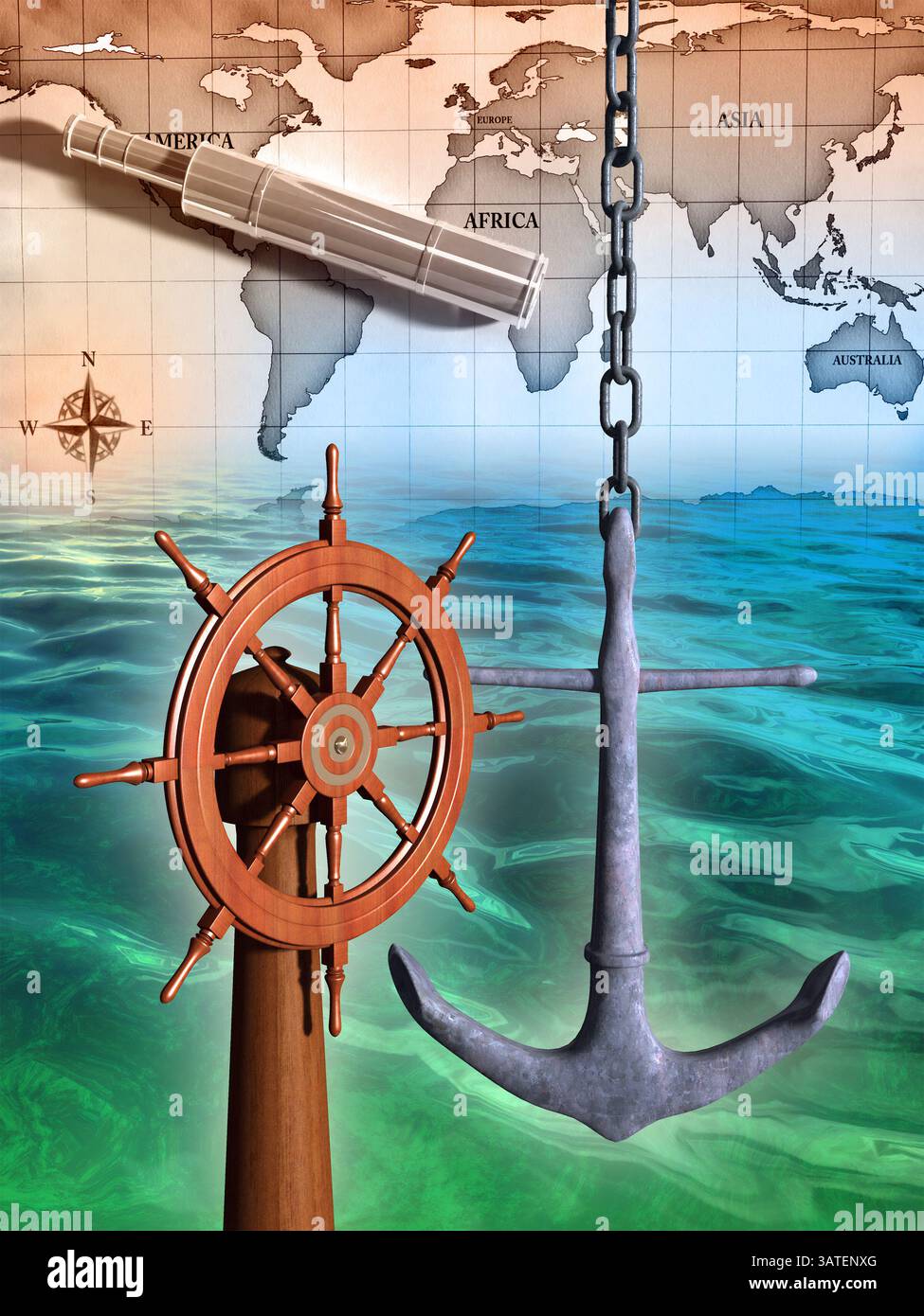 Navigation instruments composition on a sea background. Digital ...