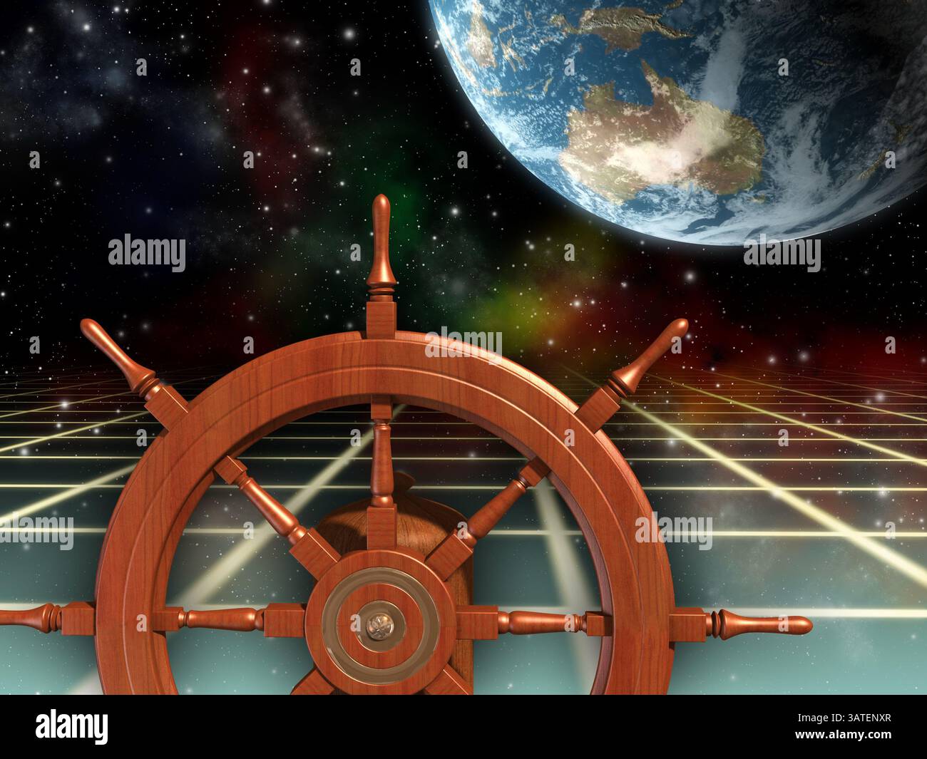 Ship wheel, exploring new frontiers. Digital illustration Stock Photo ...