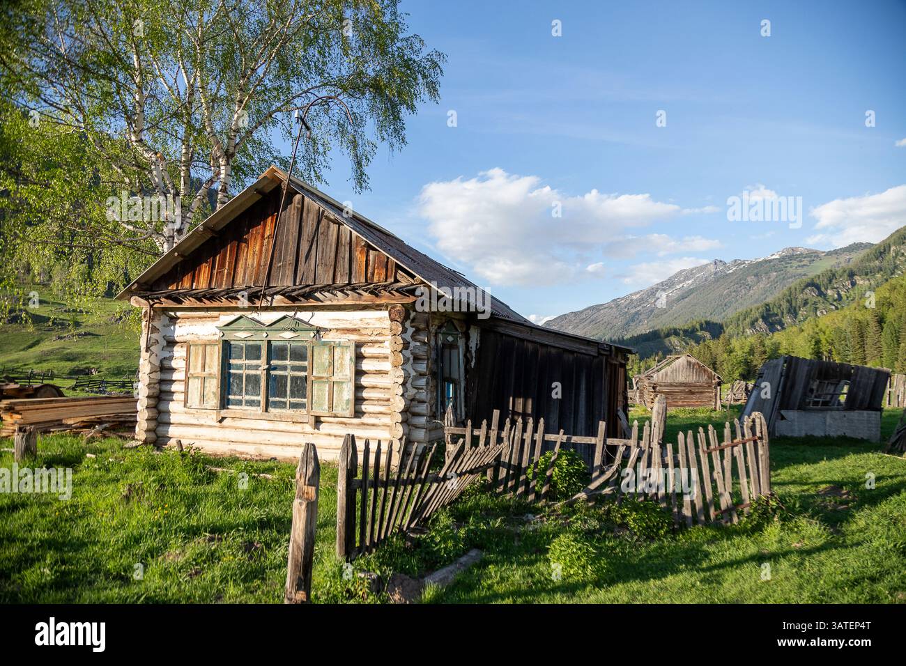 Abandoned log house (Isba) of old believers in the Altai, Kazakhstan ...