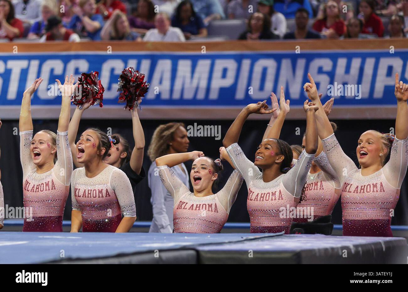 April 17, 2025: The Oklahoma women's gymnastics team during their floor ...