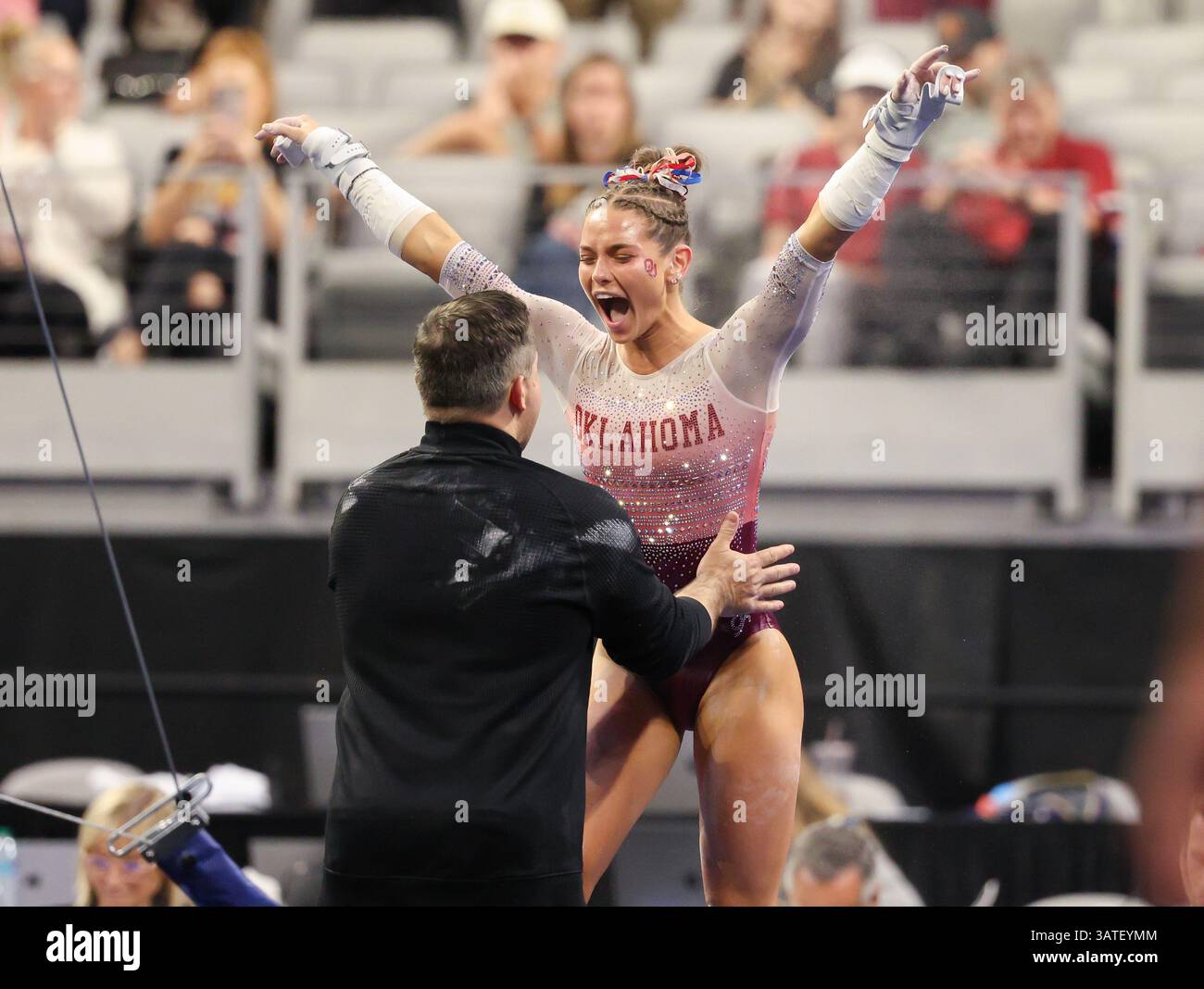 April 17, 2025: Oklahoma's Jordan Bowers hugs assistant coach Lou Ball ...