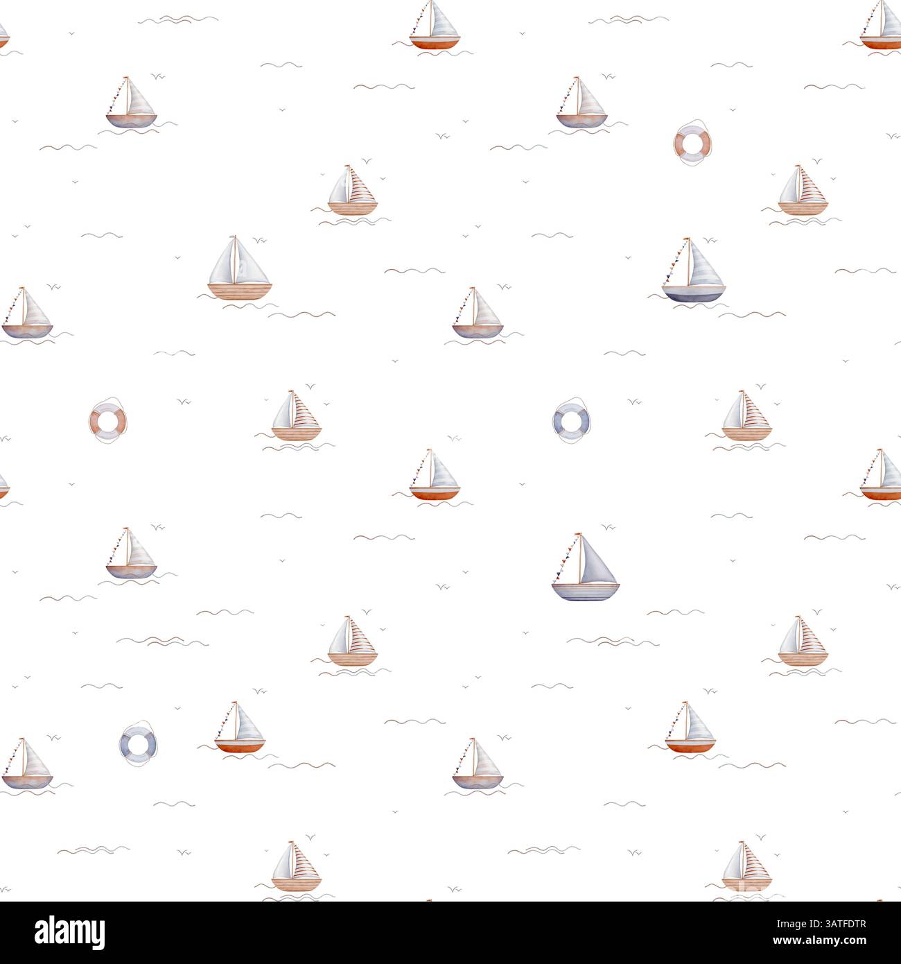 Watercolor seamless pattern of illustrations of sailboat on the waves ...