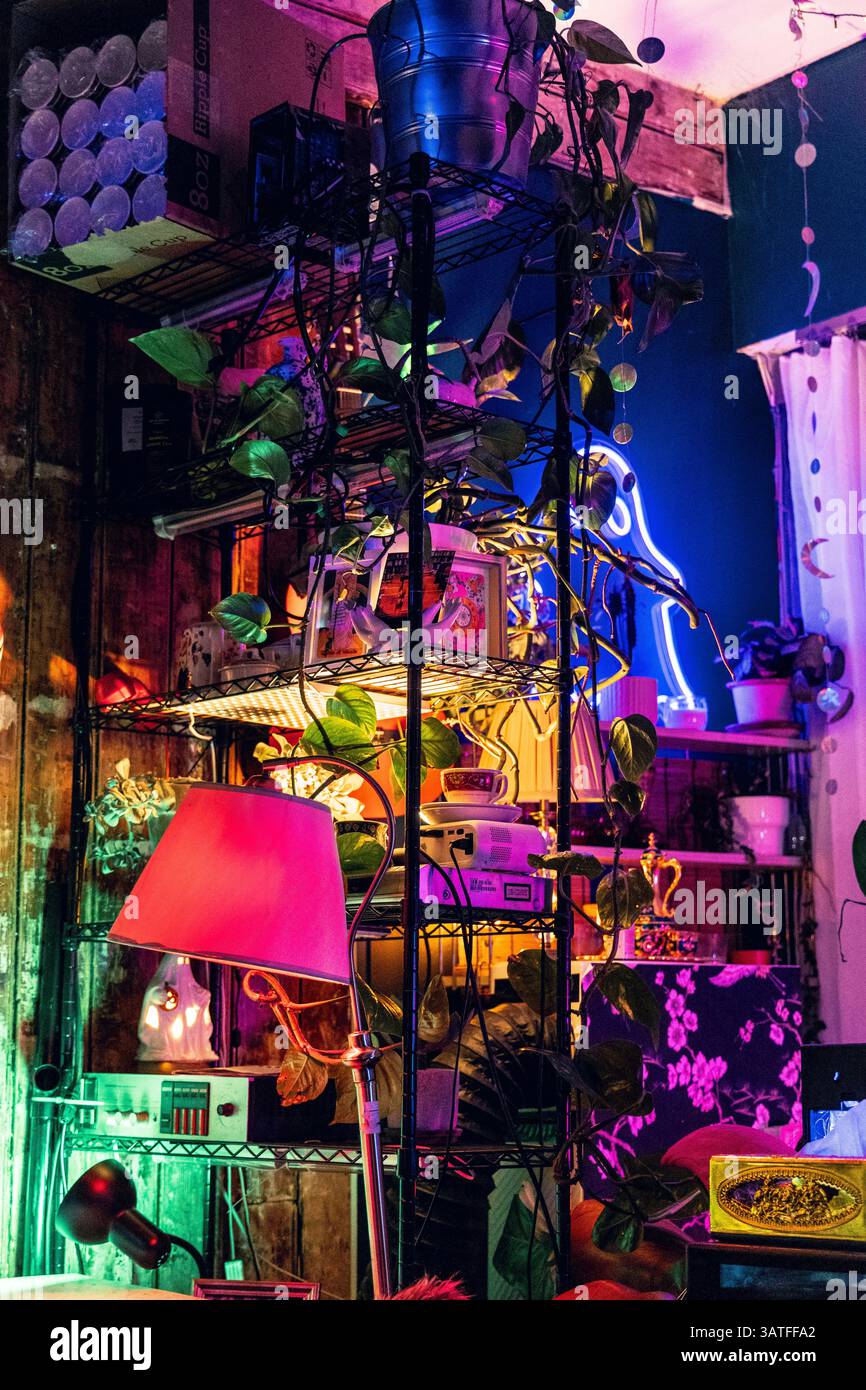 Interior of retrofuturistic Japanese cyberpunk London Night Cafe ...