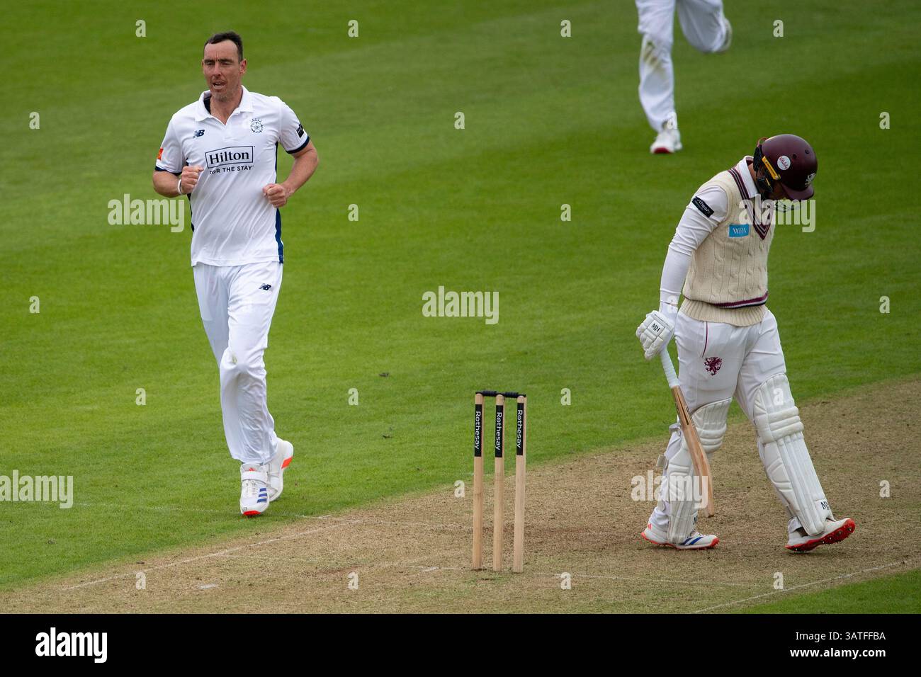 Southampton, UK, 18 April 2025. Kyle Abbott of Hampshire celebrate the ...