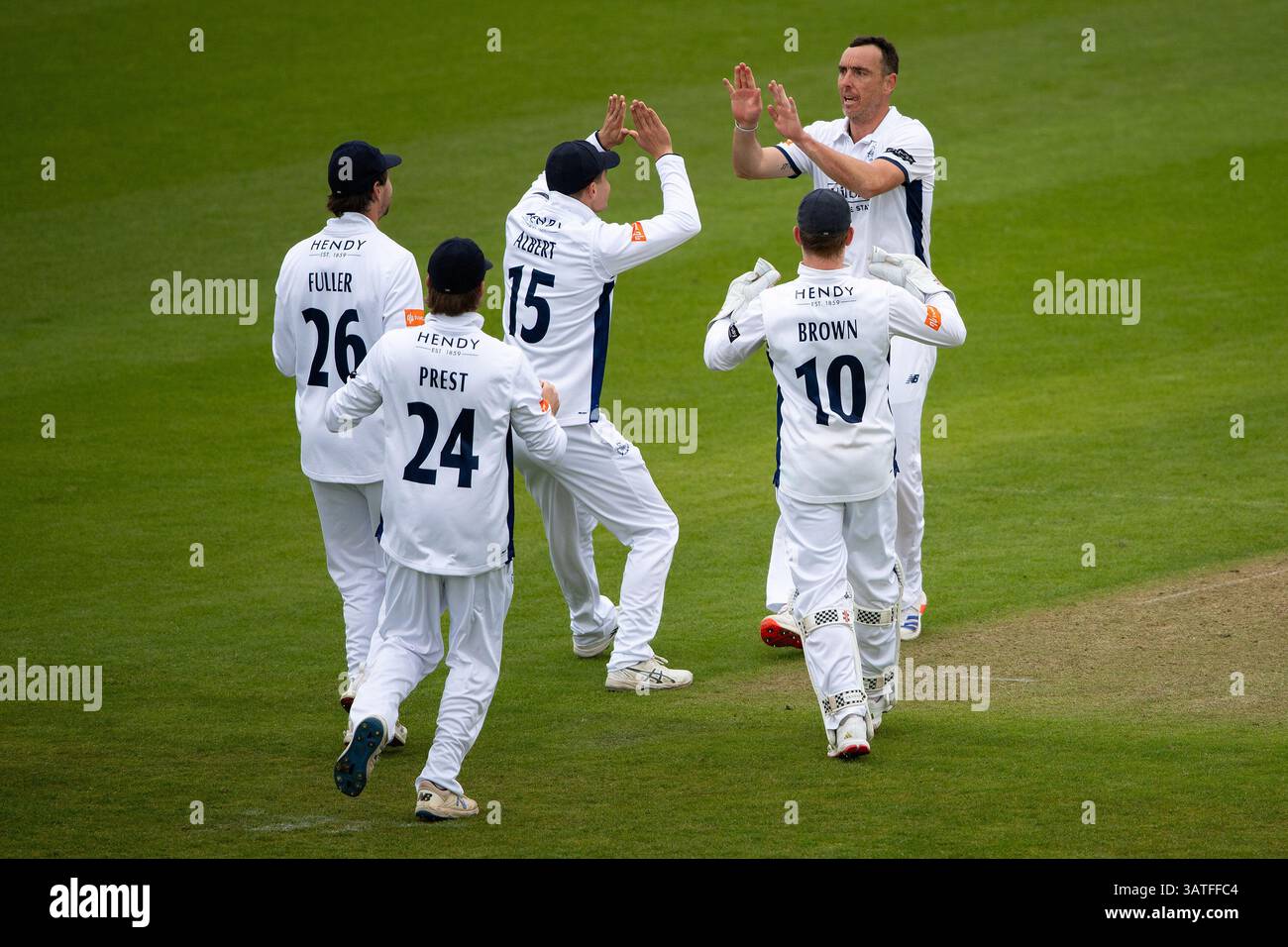 Southampton, UK, 18 April 2025. Kyle Abbott and Hampshire team-mates ...