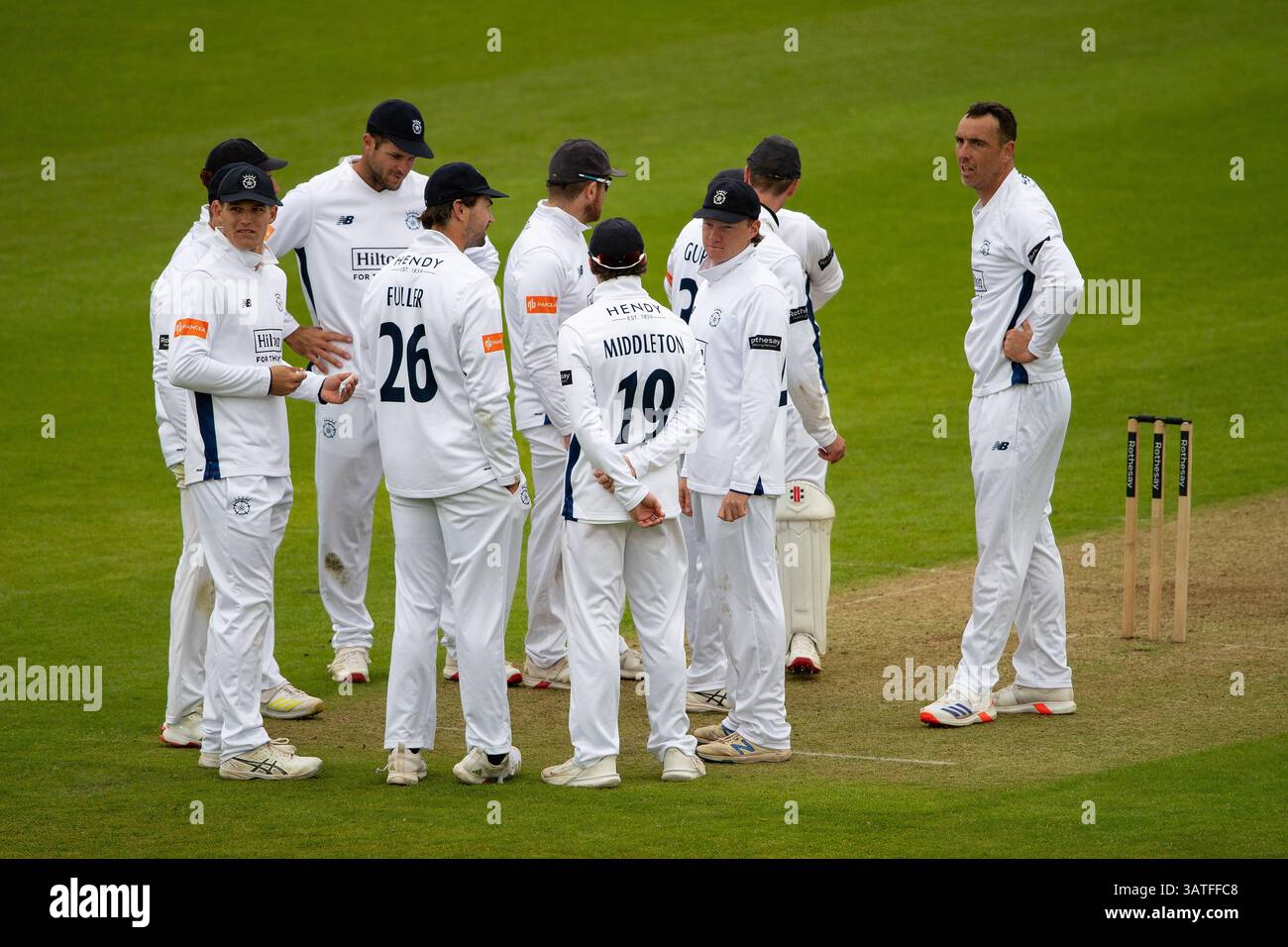 Southampton, UK, 18 April 2025. Kyle Abbott (right) and Hampshire team ...