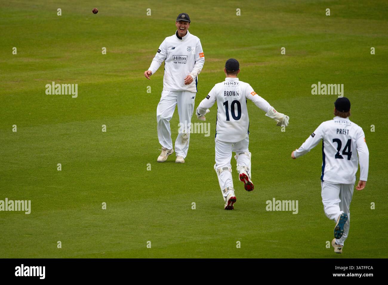 Southampton, UK, 18 April 2025. Nick Gubbins smiles as Ben Brown and ...