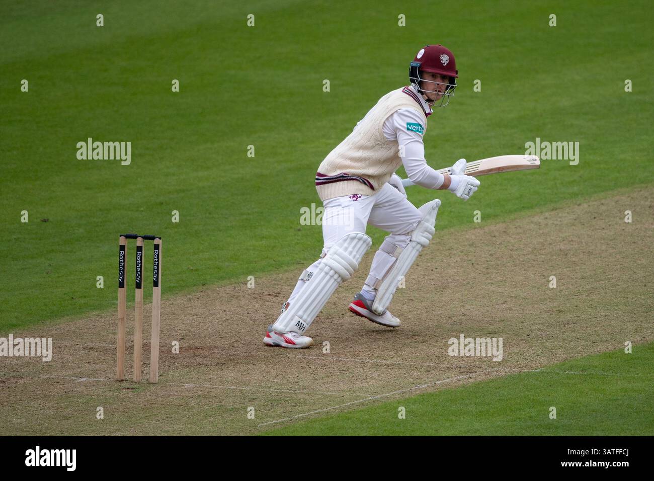 Southampton, UK, 18 April 2025. Tom Abell of Somerset batting during ...