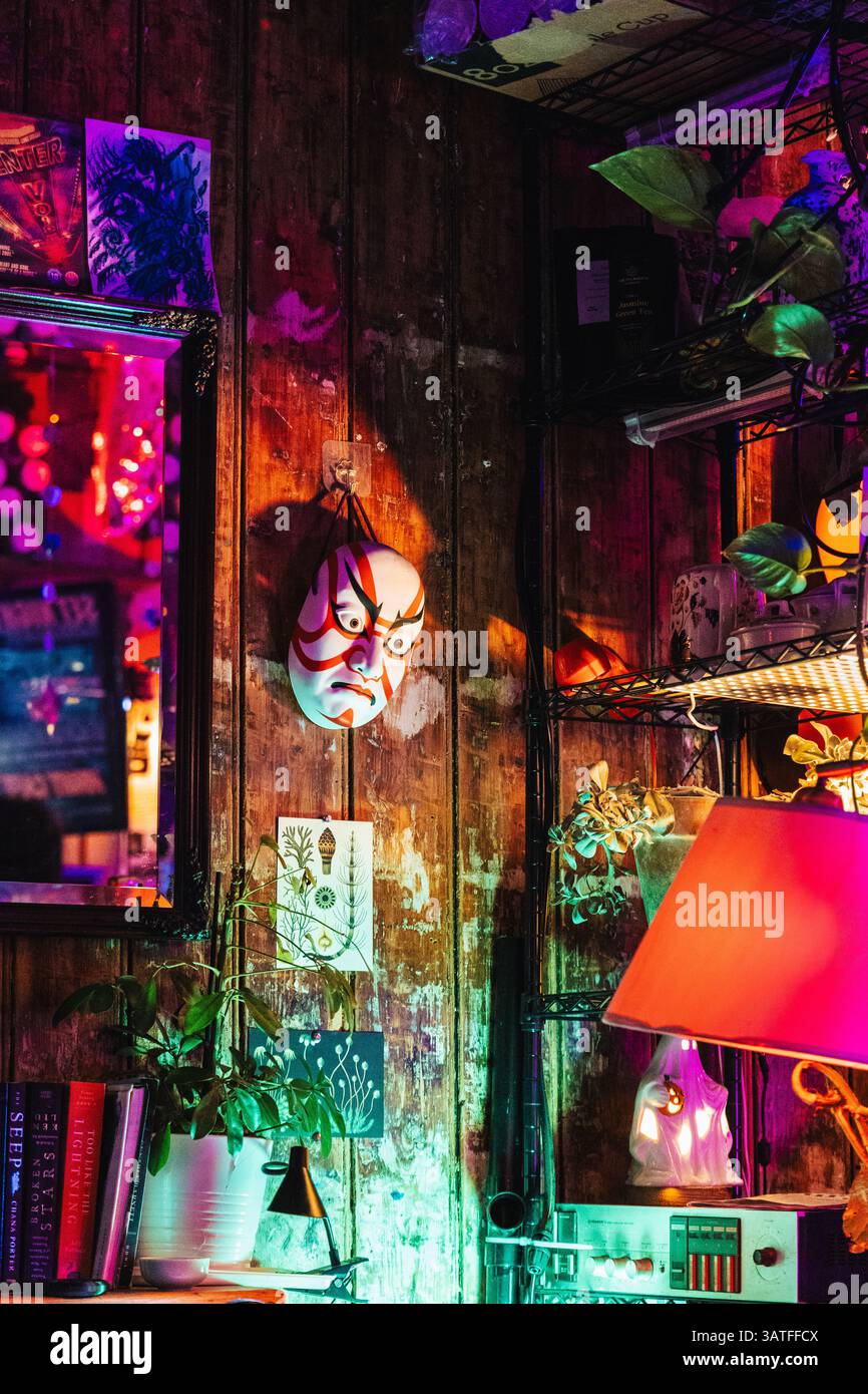 Interior of retrofuturistic Japanese cyberpunk London Night Cafe ...