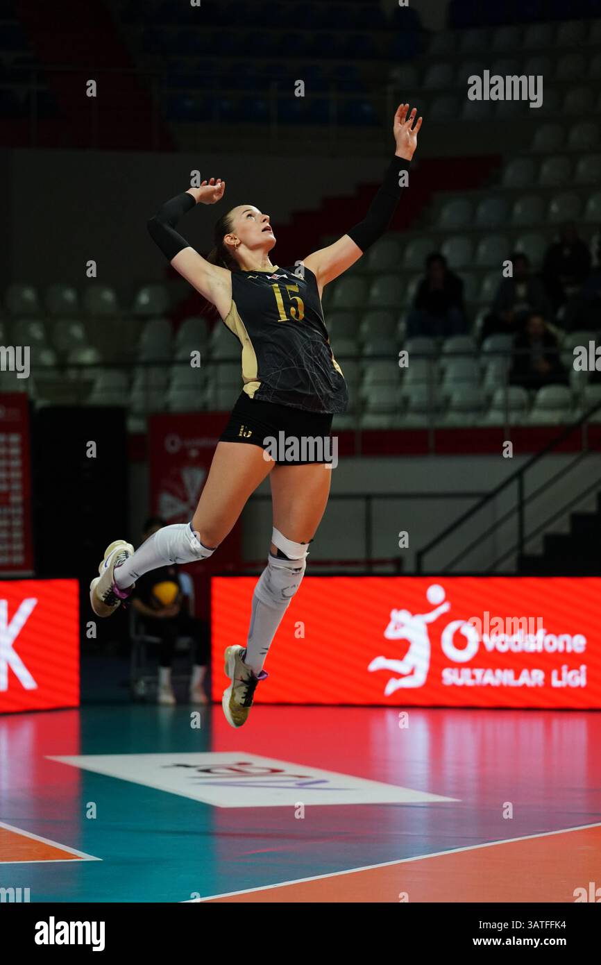 ISTANBUL, TURKIYE - APRIL 13, 2025: Aleksandra Uzelac serves during ...