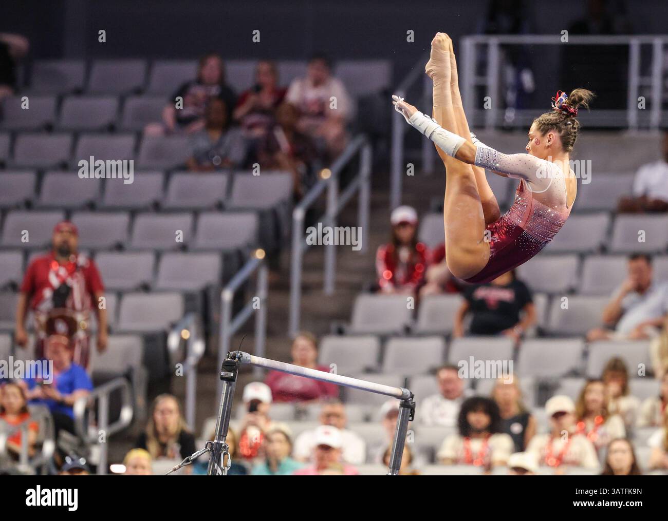 April 17, 2025: Oklahoma's Jordan Bowers competes on the uneven bars ...