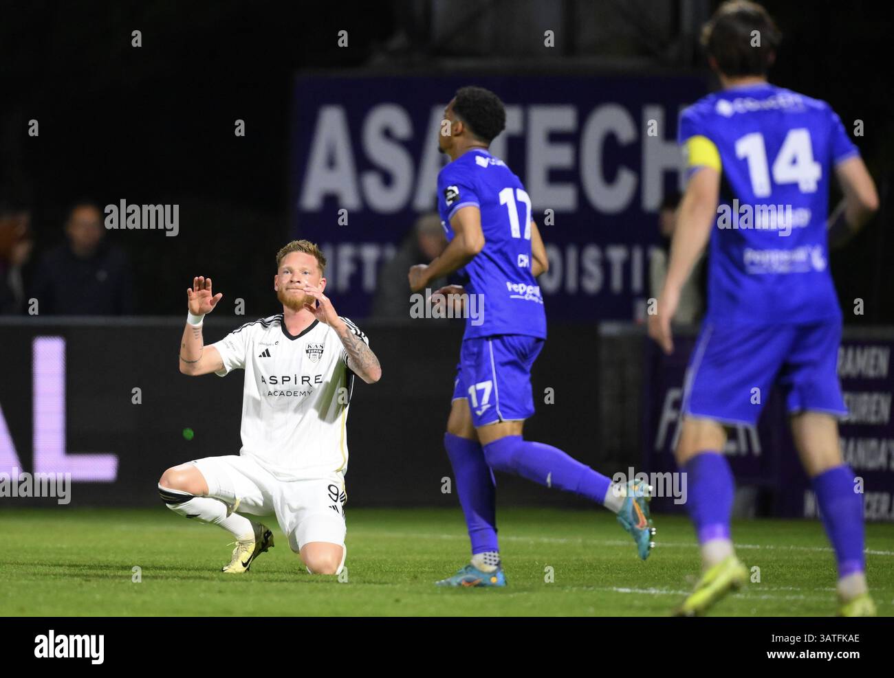 Maasmechelen, Belgium. 18th Apr, 2025. Eupen's Renaud Emond reacts ...